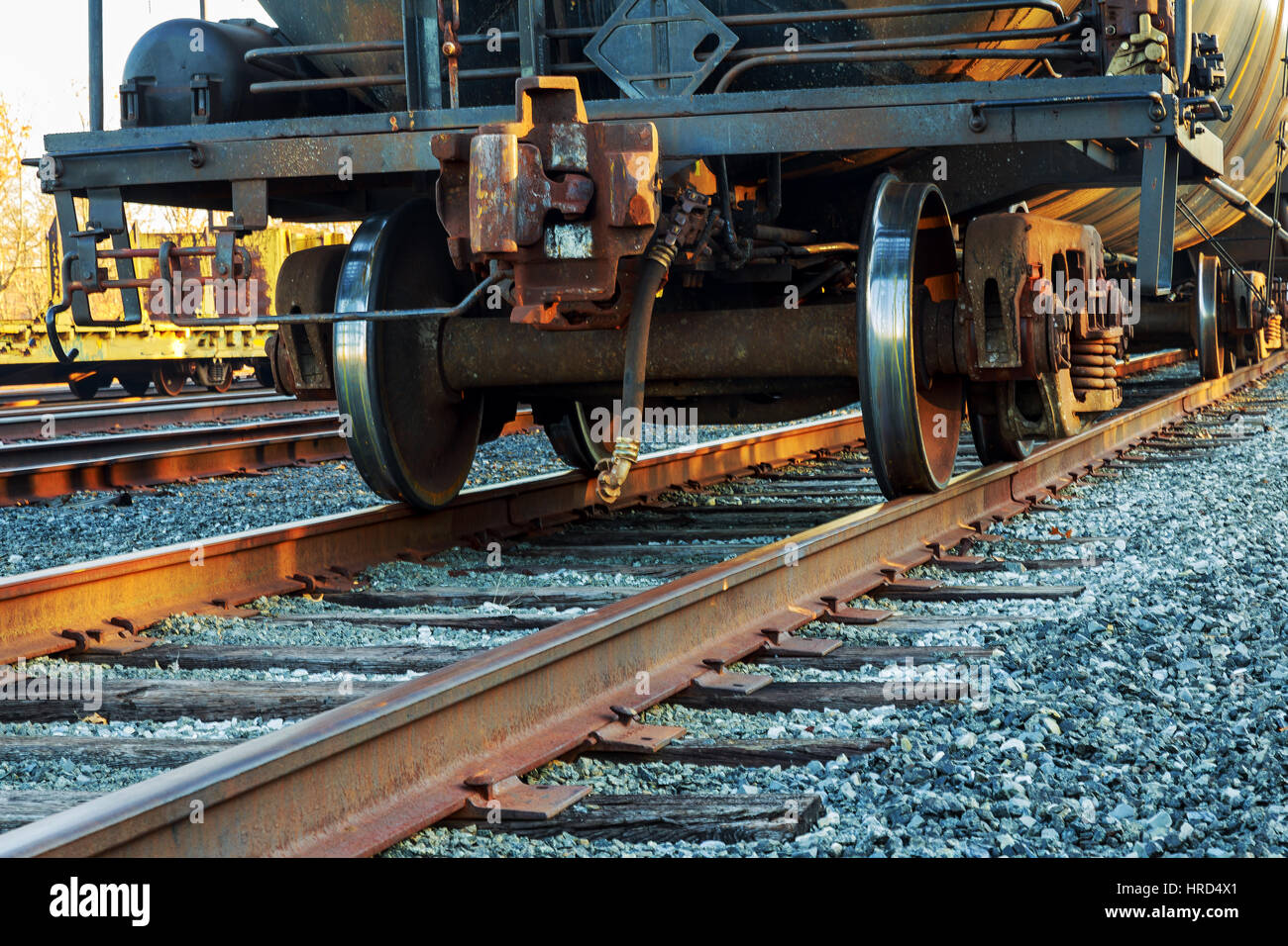 Railroad scene with cargo train Stock Photo - Alamy