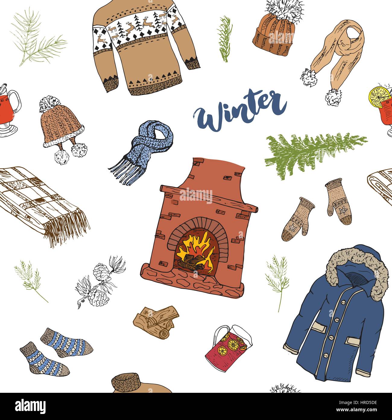 Winter season doodles seamless pattern. Hand drawn sketch elements ...
