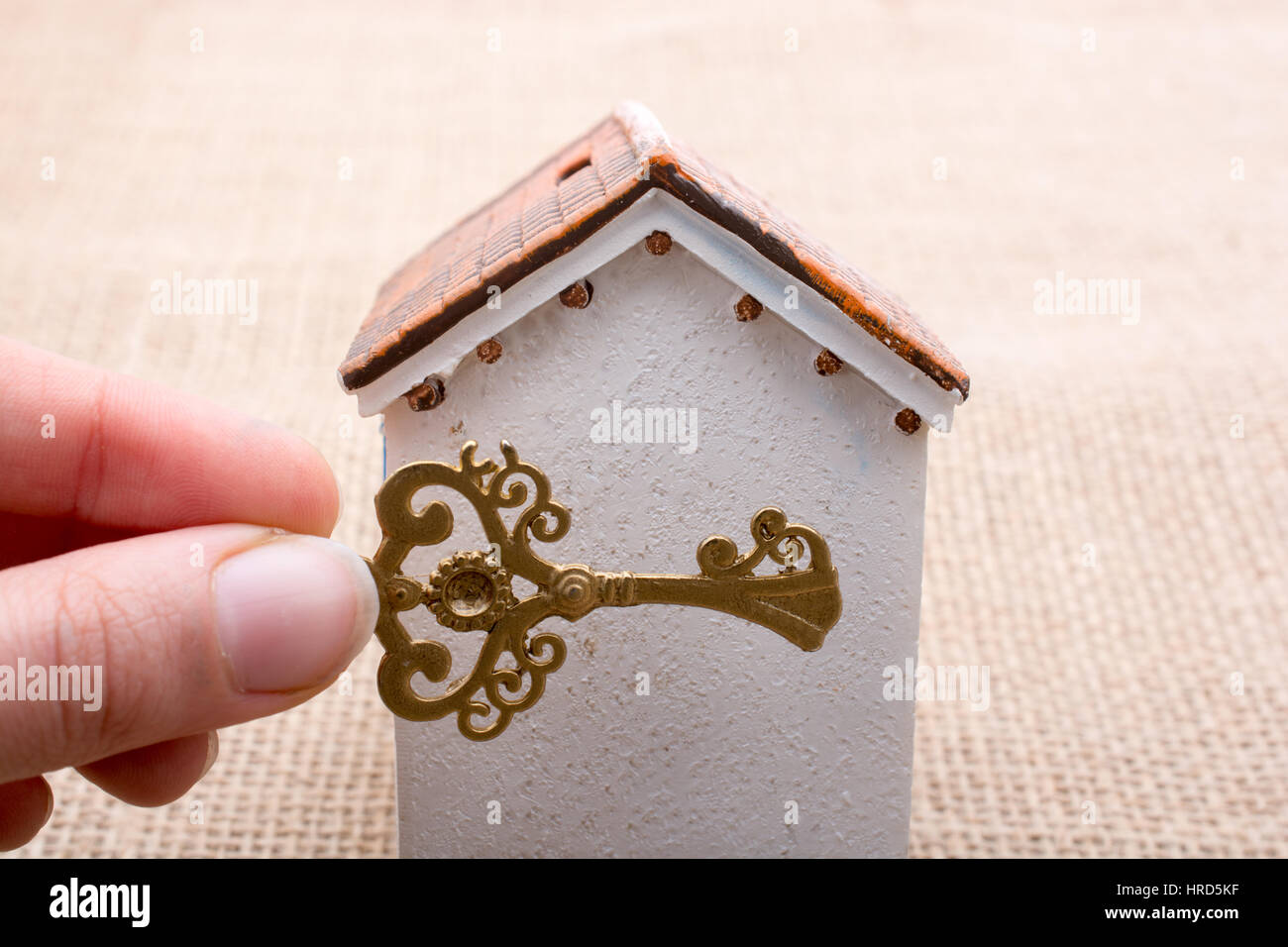 Hand holding a retro key by a model house on a brown color background ...