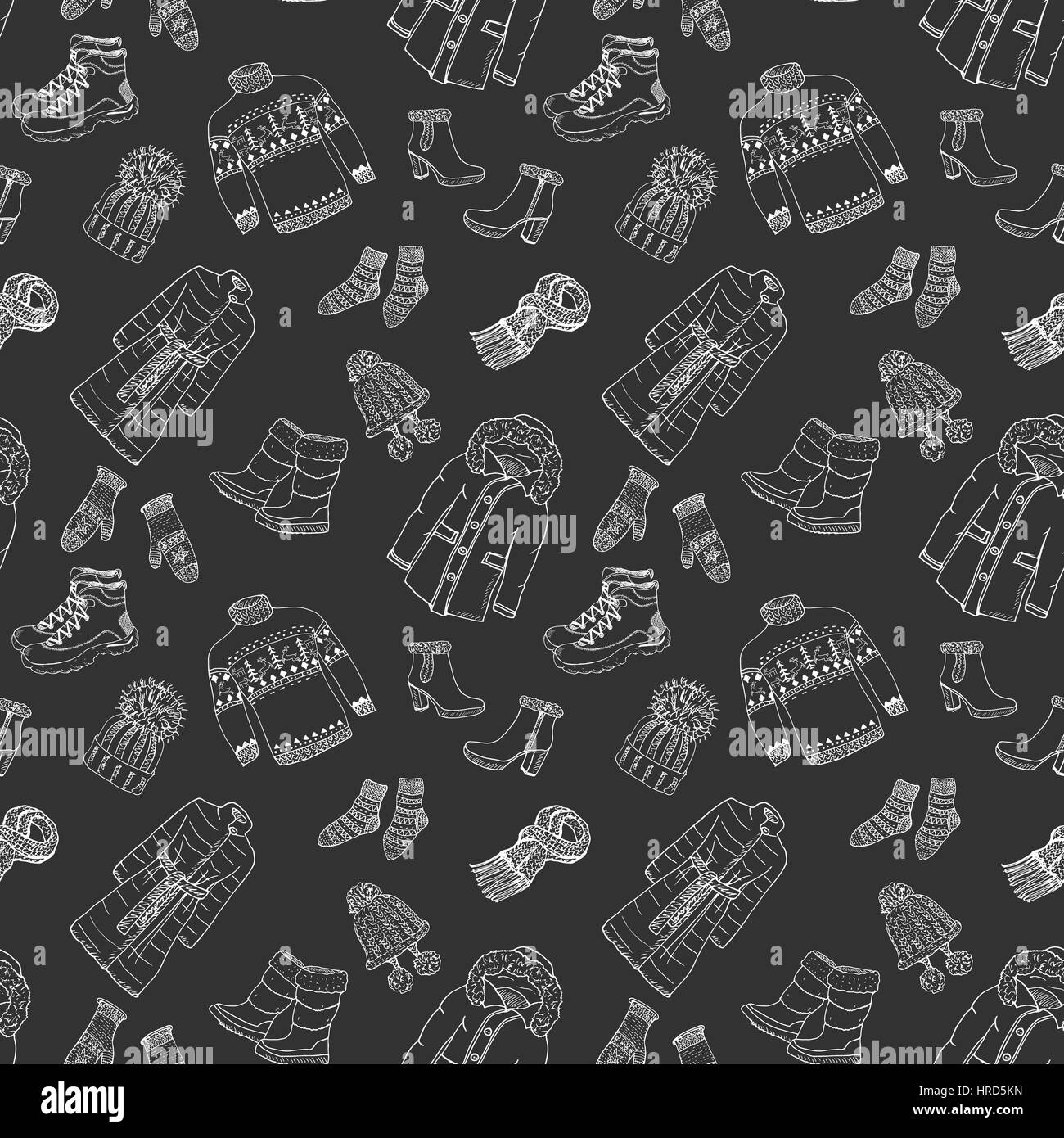 Winter season doodle clothes seamless pattern. Hand drawn sketch ...