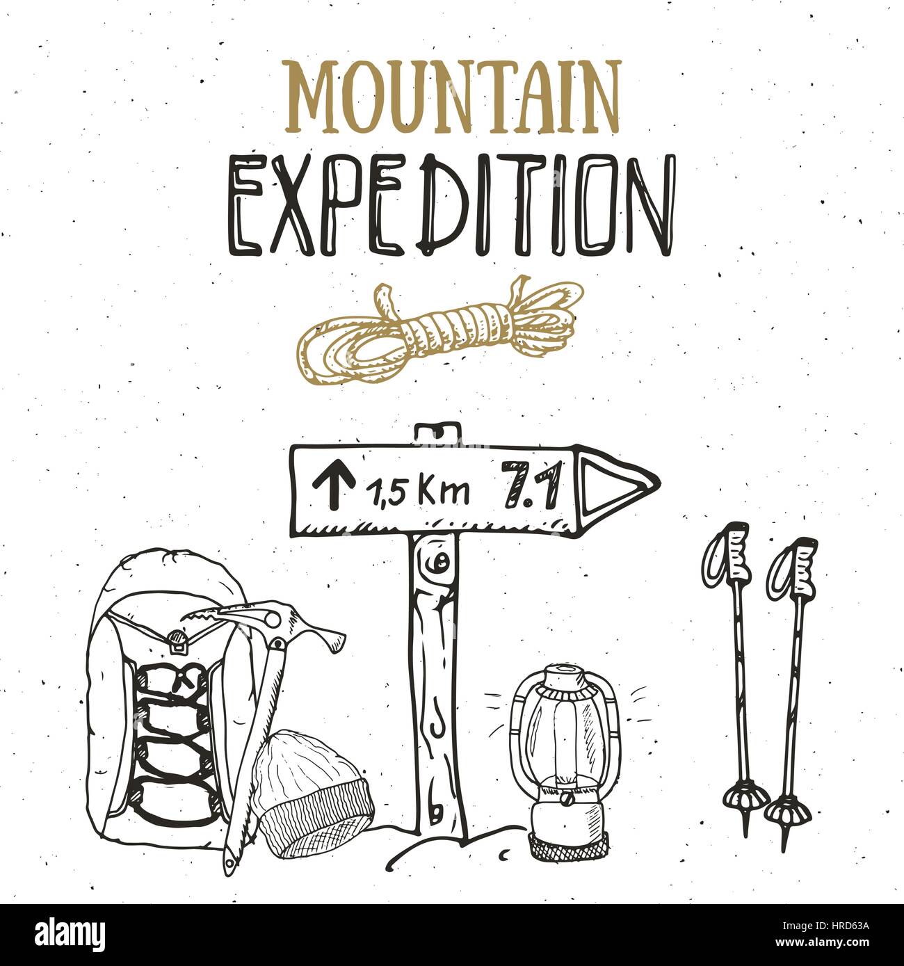 Mountain expedition vintage set. Hand drawn sketch elements for retro ...