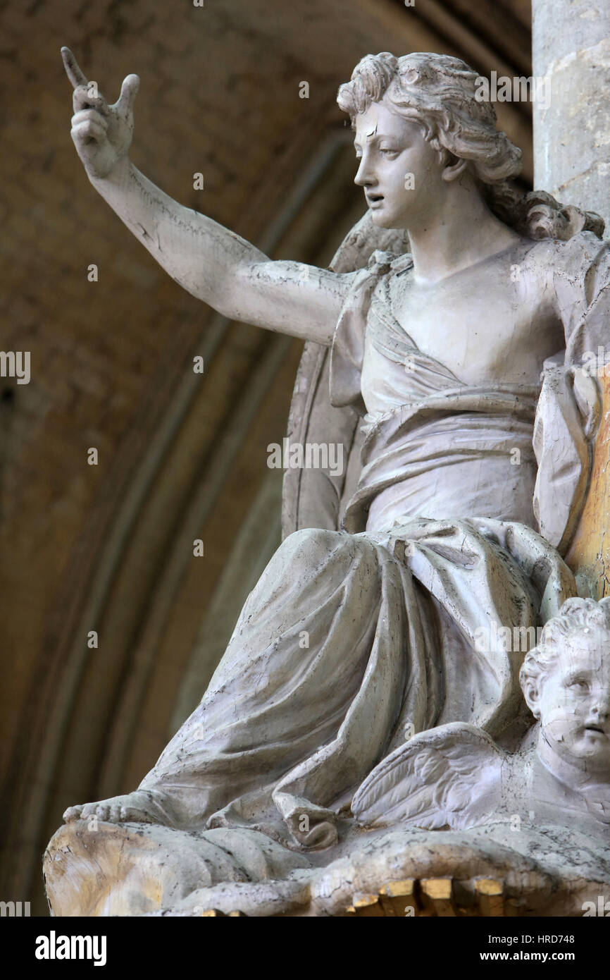 Angel bearer of the Gospel over the pulpit. Sculptor : Jean-Baptiste ...