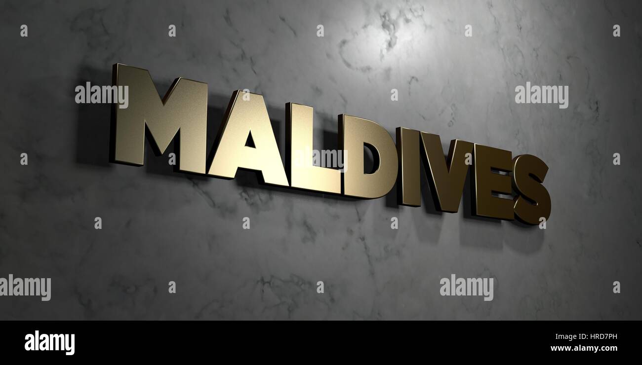 Maldives - Gold sign mounted on glossy marble wall - 3D rendered ...