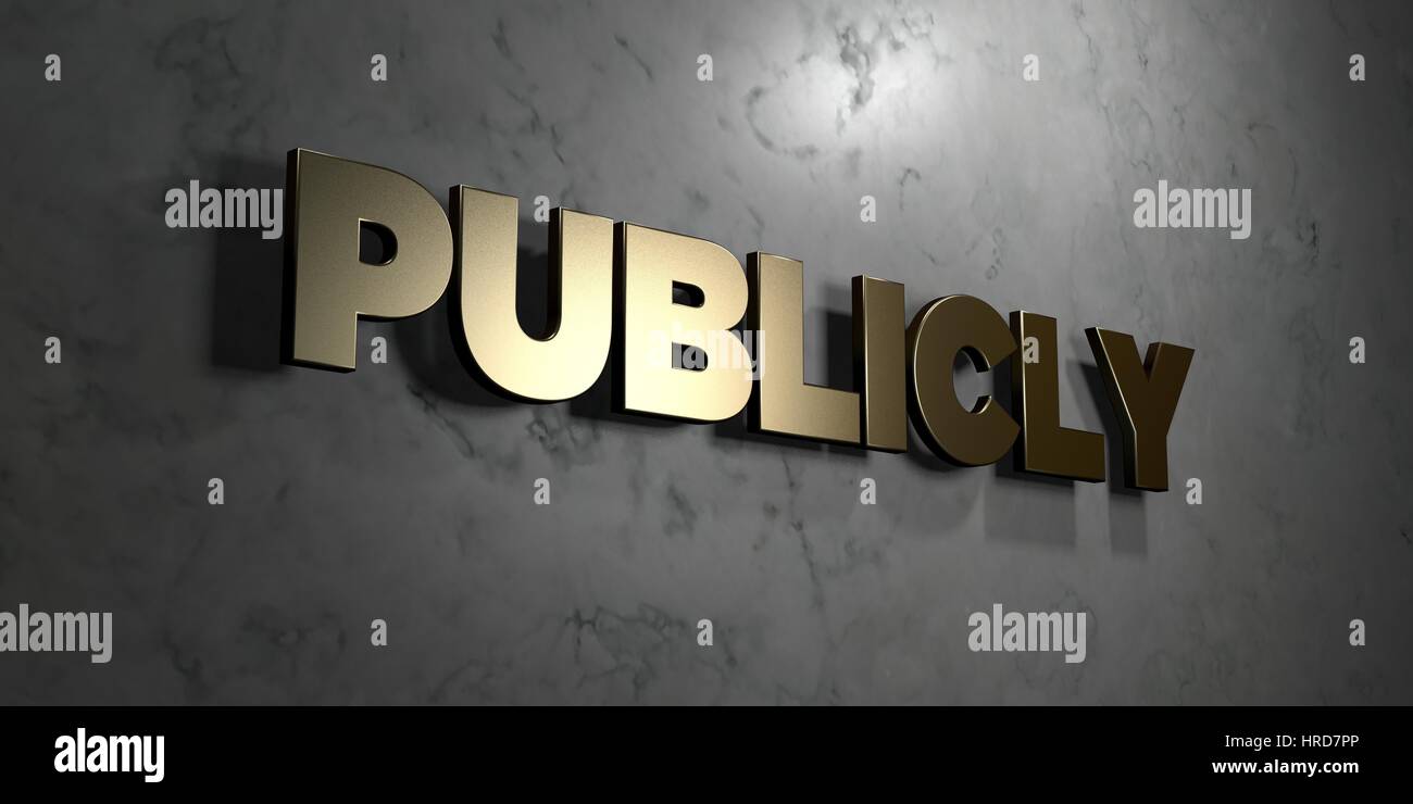 Publicly - Gold sign mounted on glossy marble wall - 3D rendered ...