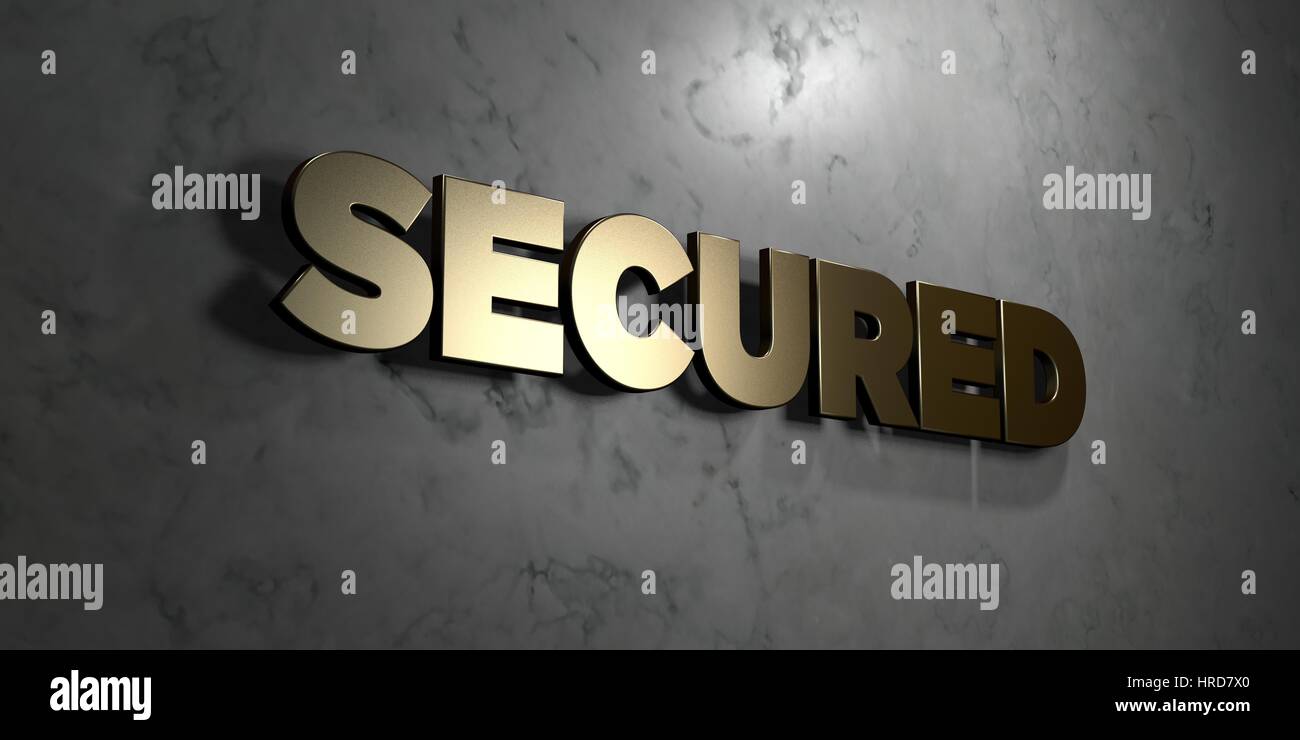 Secured - Gold sign mounted on glossy marble wall - 3D rendered royalty ...