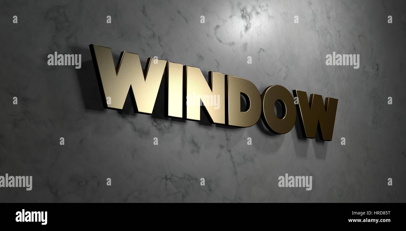 Window - Gold sign mounted on glossy marble wall - 3D rendered royalty ...