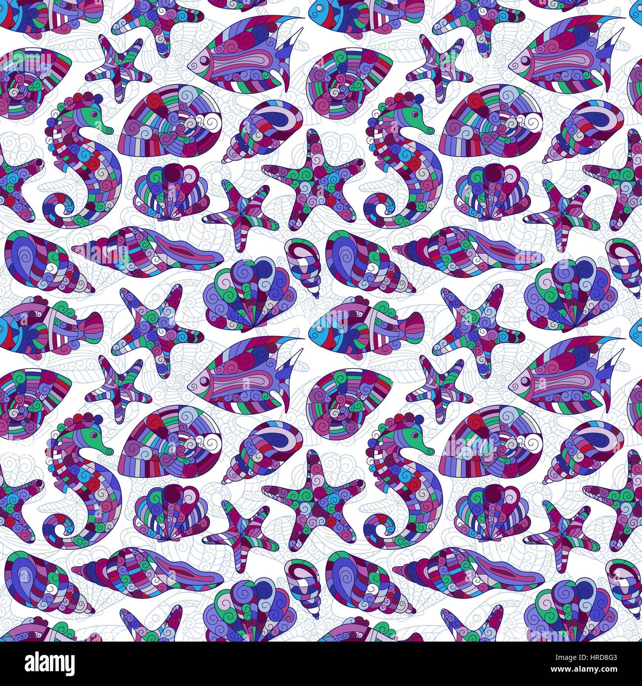 Vector seamless pattern with hand drawn underwater creatures Stock ...