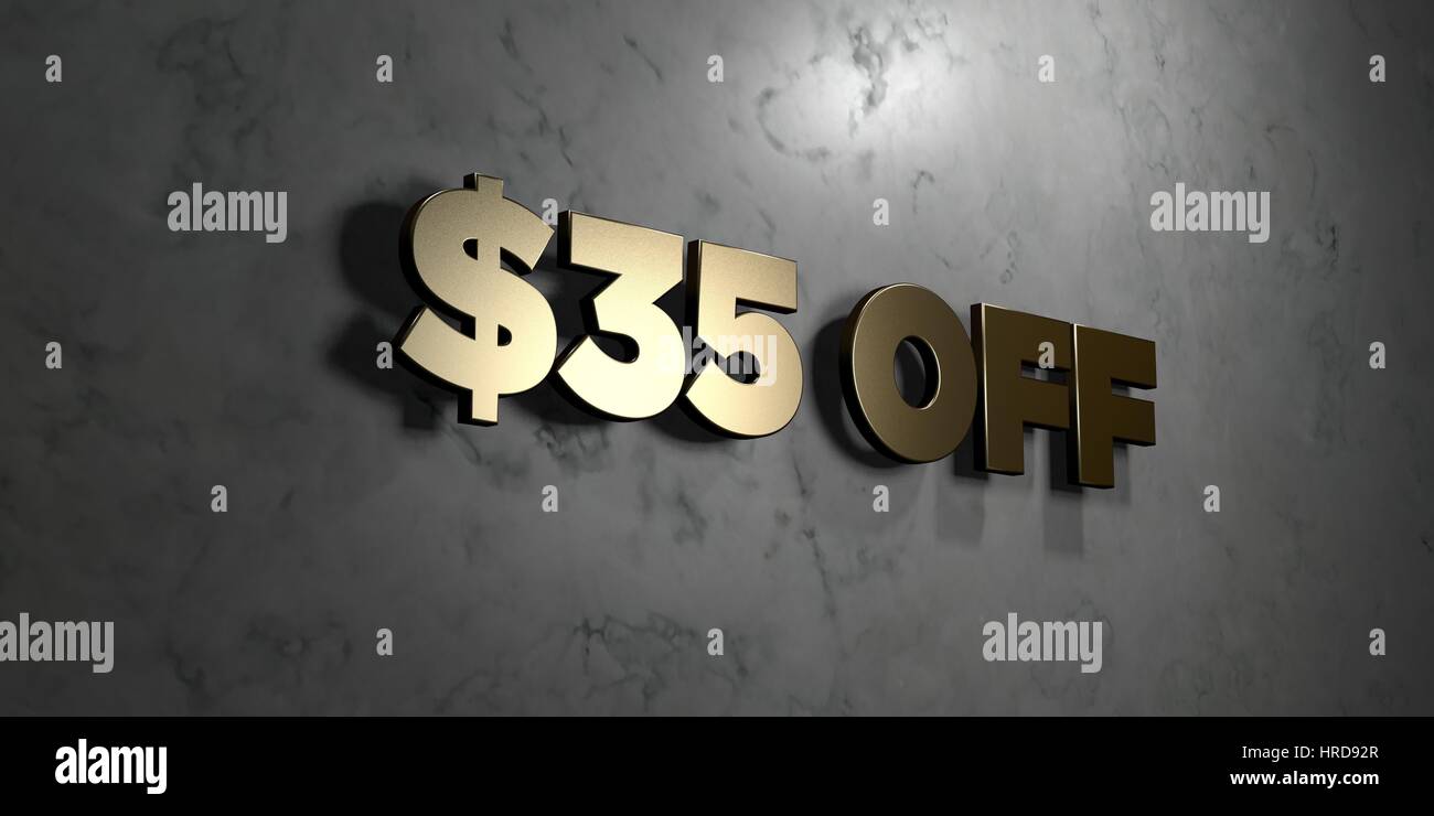 $35 off - Gold sign mounted on glossy marble wall - 3D rendered royalty ...