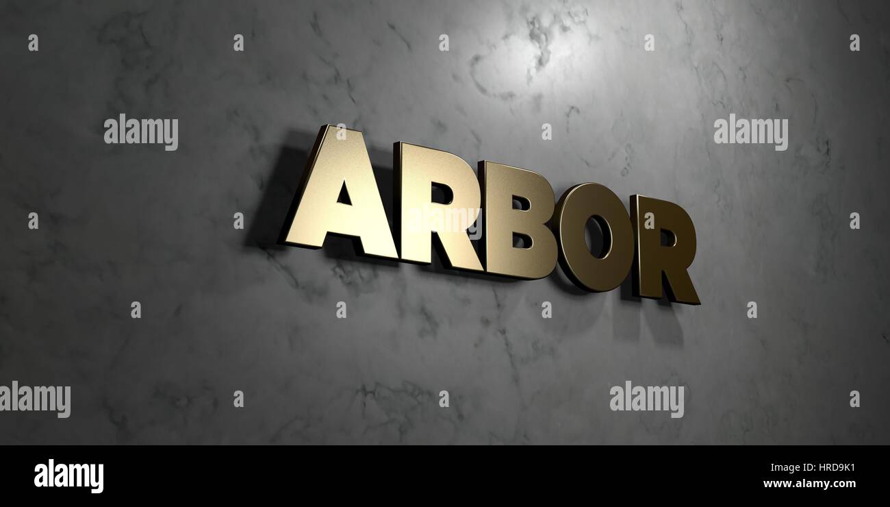 Arbor - Gold sign mounted on glossy marble wall - 3D rendered royalty ...