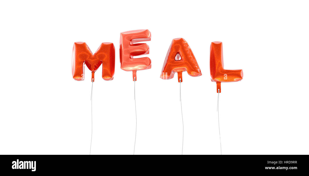 MEAL - word made from red foil balloons - 3D rendered. Can be used for ...