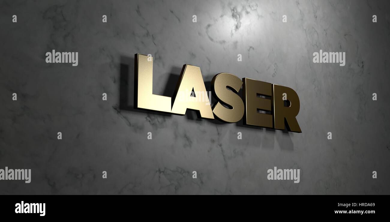 Laser - Gold sign mounted on glossy marble wall - 3D rendered royalty ...