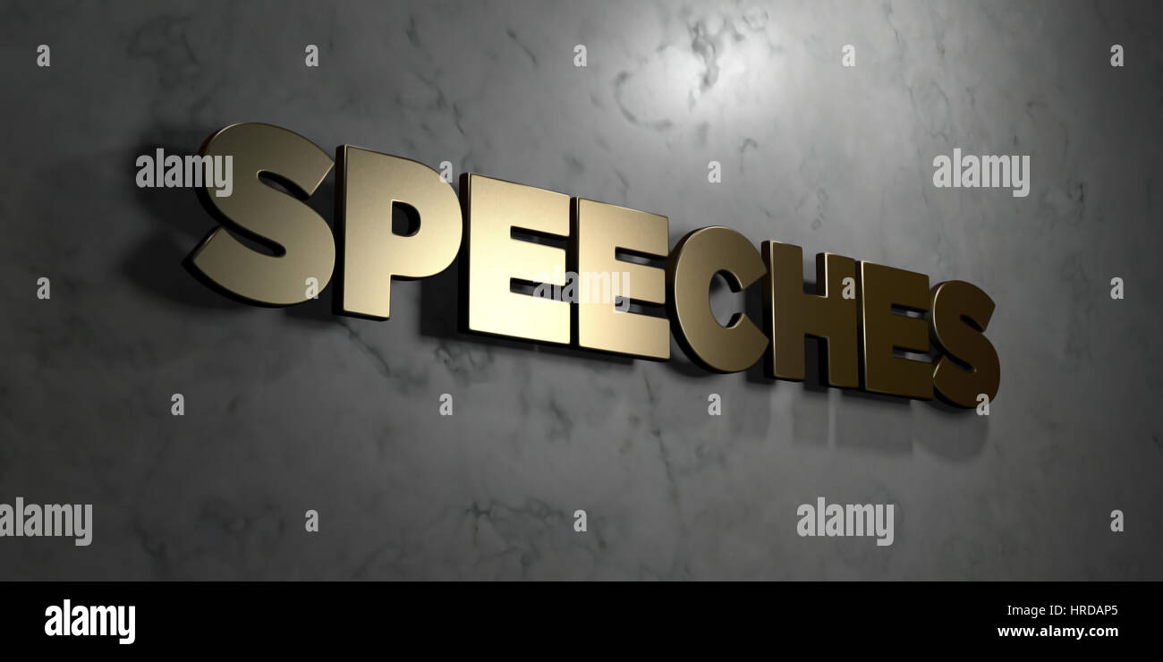 Speeches - Gold sign mounted on glossy marble wall - 3D rendered ...
