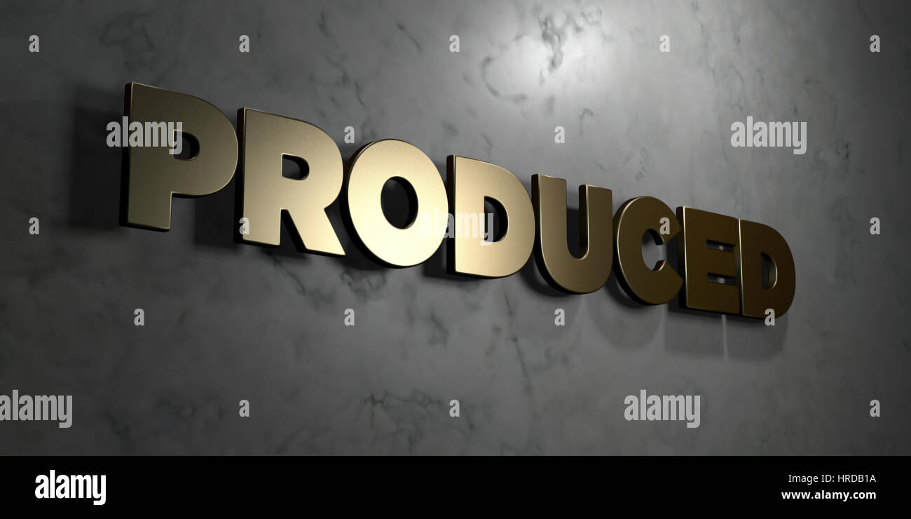 Produced - Gold sign mounted on glossy marble wall - 3D rendered ...