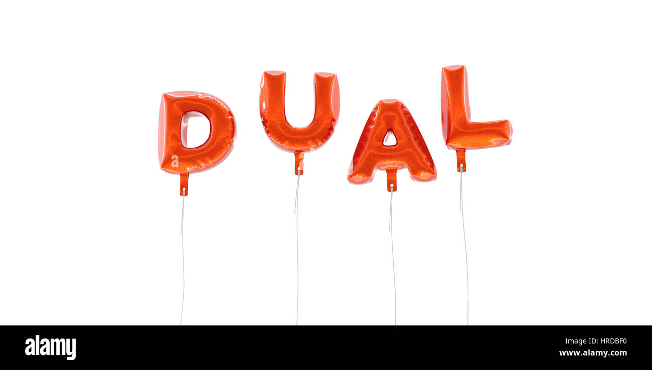 DUAL - word made from red foil balloons - 3D rendered. Can be used for ...