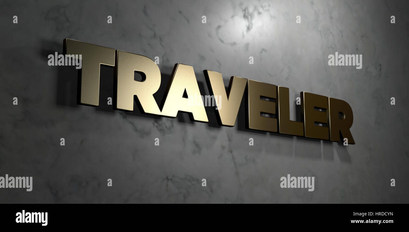 Traveler - Gold sign mounted on glossy marble wall - 3D rendered ...