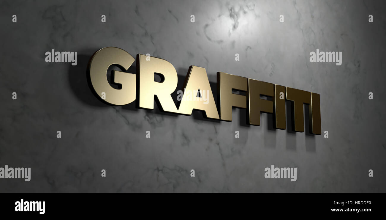 Graffiti - Gold sign mounted on glossy marble wall - 3D rendered ...
