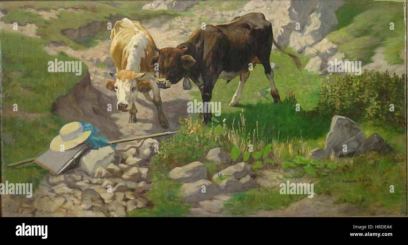 Hermann Baisch’s 'Jungvieh auf der Alm' depicts young cattle grazing in ...