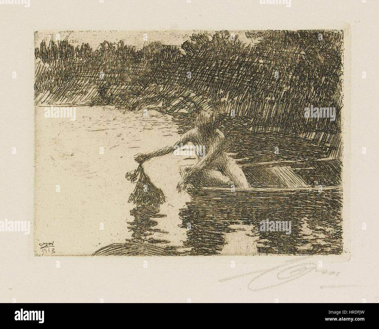 Anders Zorn’s 'Rowing Boat' (1913) is a striking etching that showcases his skill in rendering ...