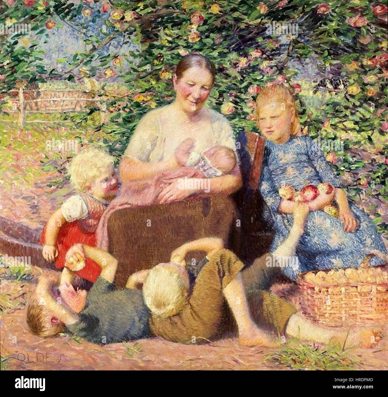 This painting depicts an elderly woman surrounded by children ...