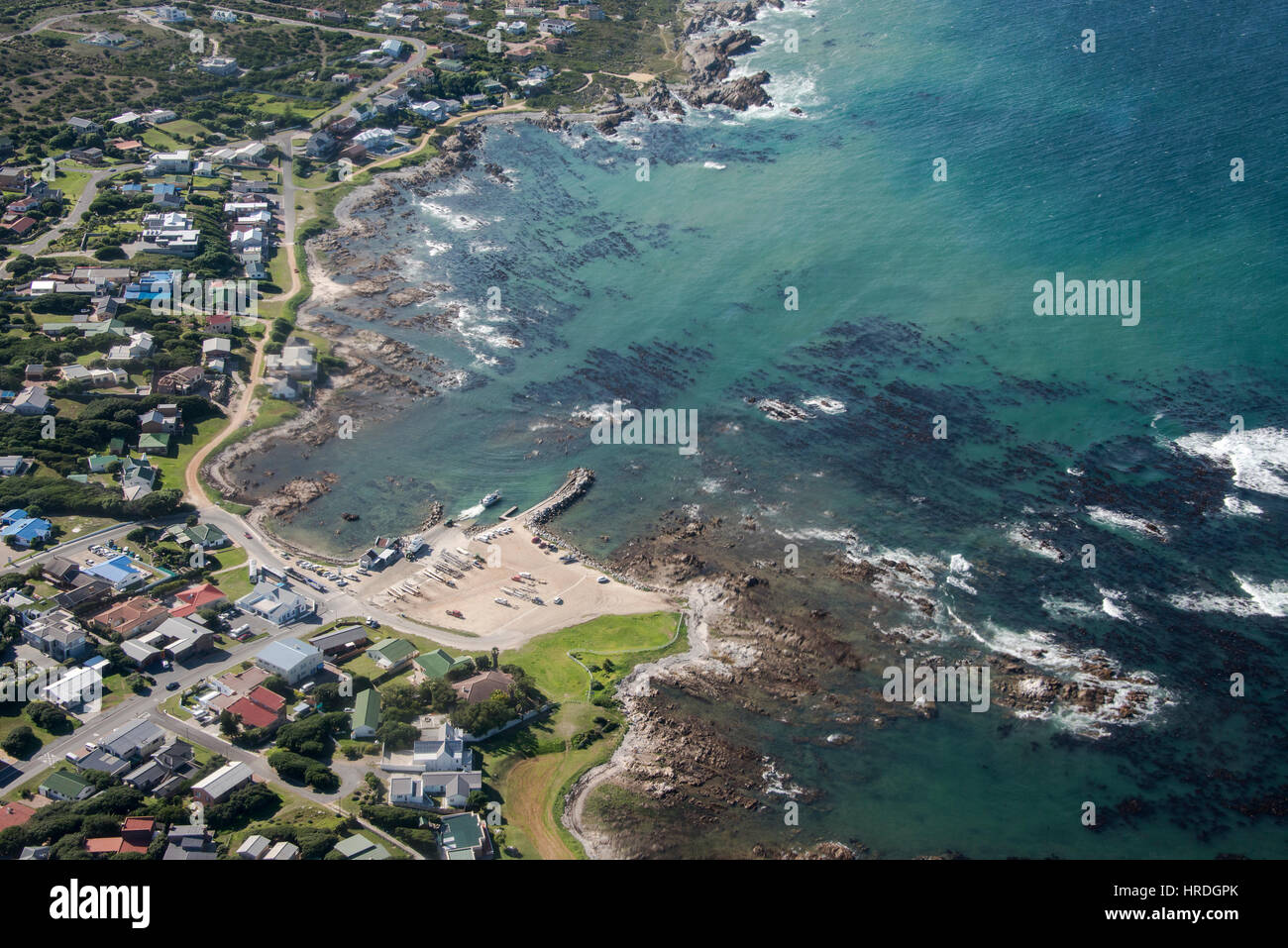 An aerial view of Kleinbaai harbour, a small fishing village and launch ...