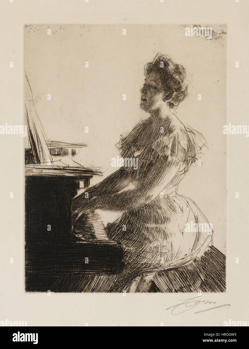 'At the Piano' by Anders Zorn is an etching that captures a serene ...