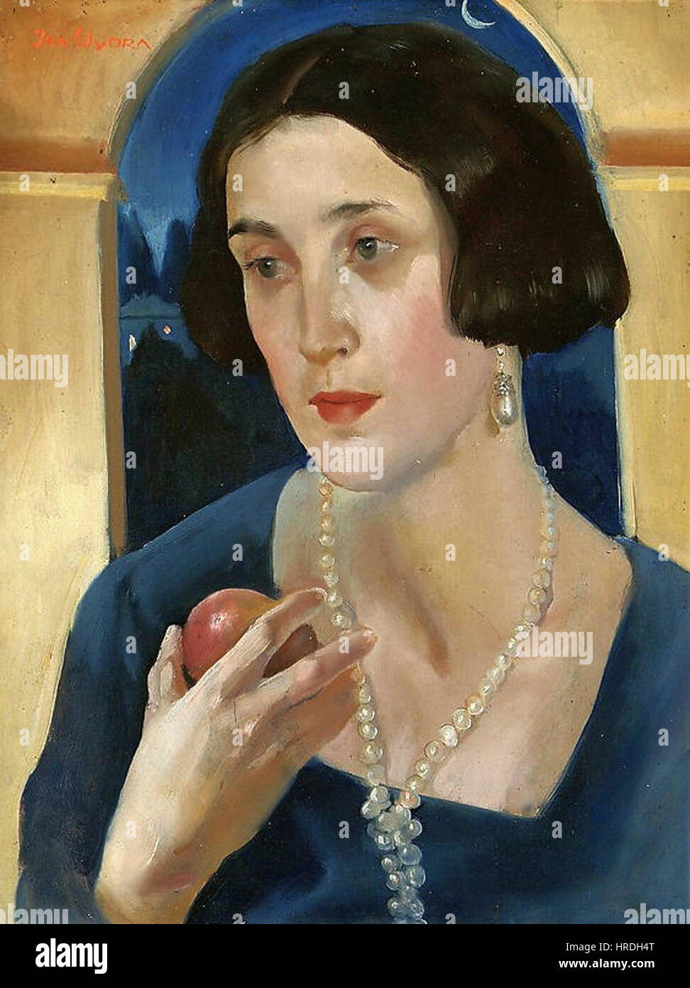 This painting, 'A Woman with an Apple' by Wydra, presents a female ...