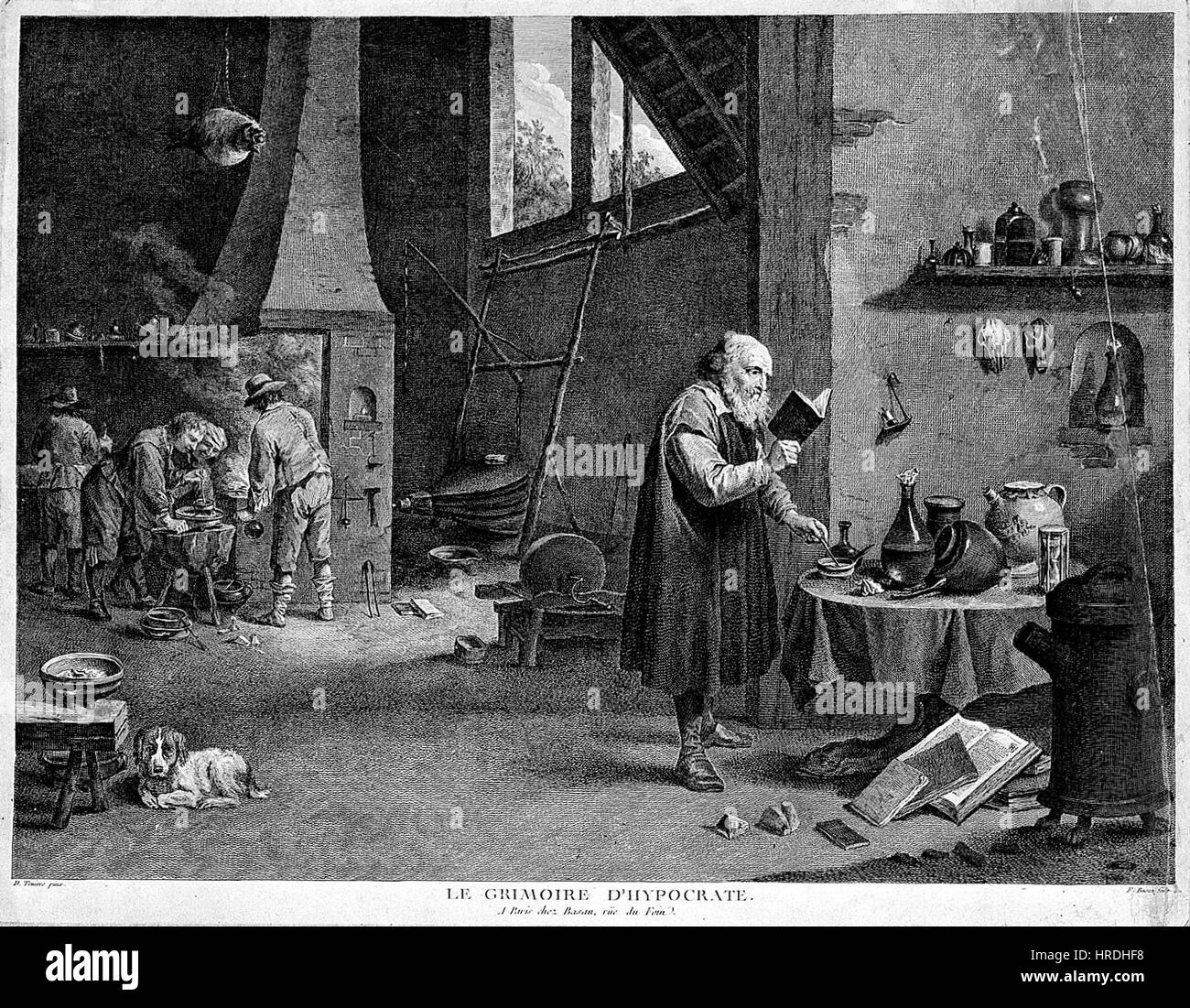 An alchemist reading a book; his assistants stirring the Wellcome ...