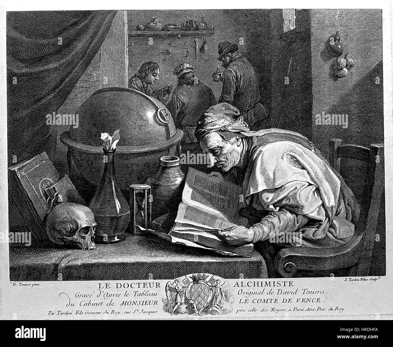 This image depicts an alchemist absorbed in his studies, reading from ...