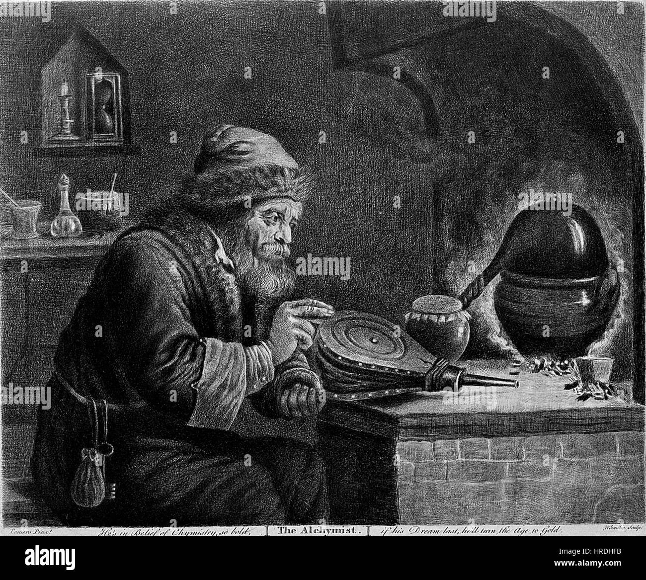 An alchemist at his furnace, hunched over bellows. Coloured Wellcome ...
