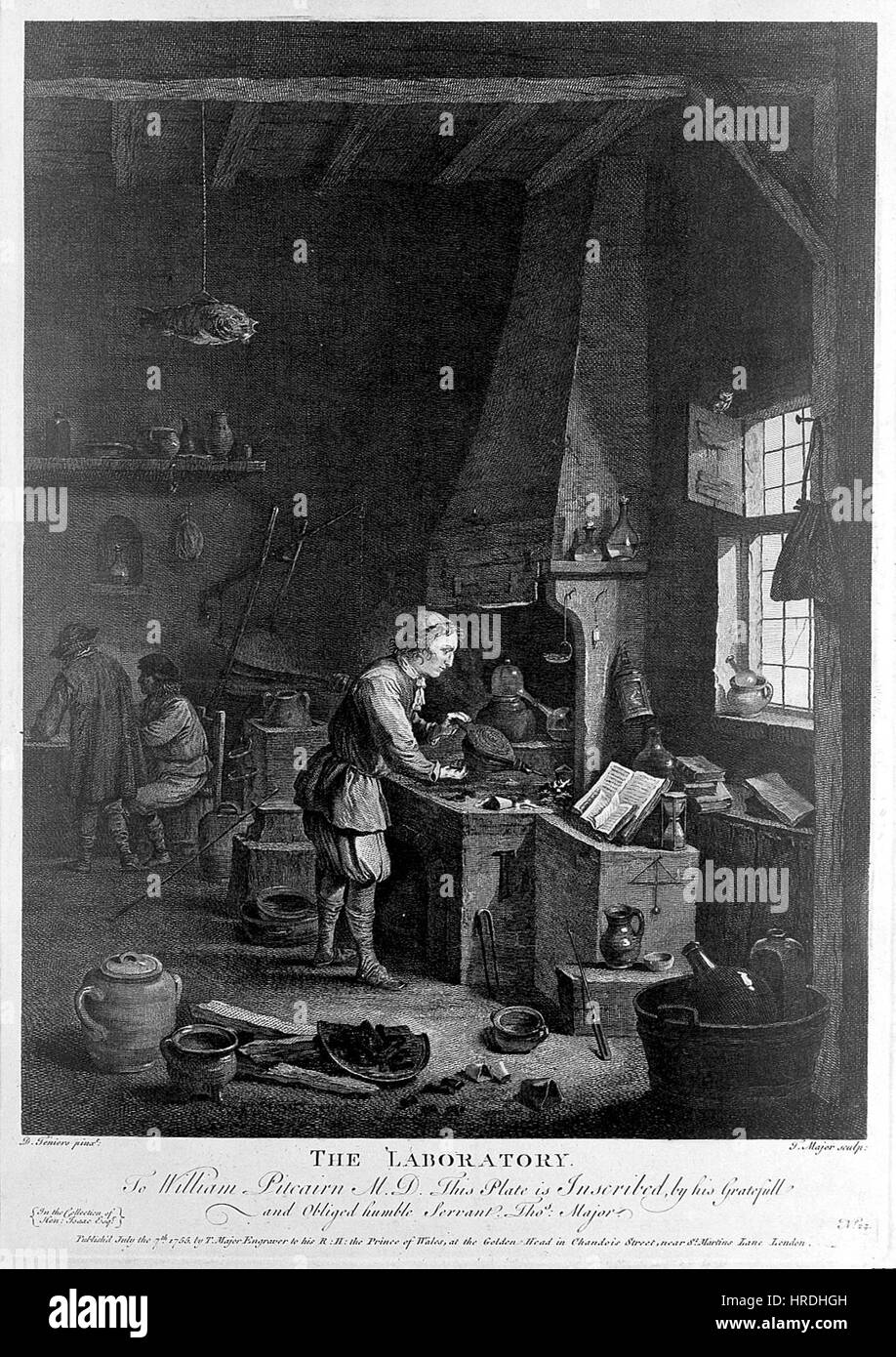 This etching depicts a young alchemist working with a bellows at his ...