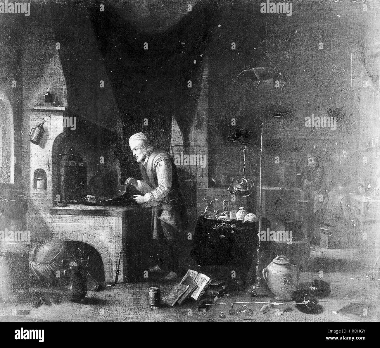 *An Alchemist in His Laboratory* is an oil painting by a follower of ...