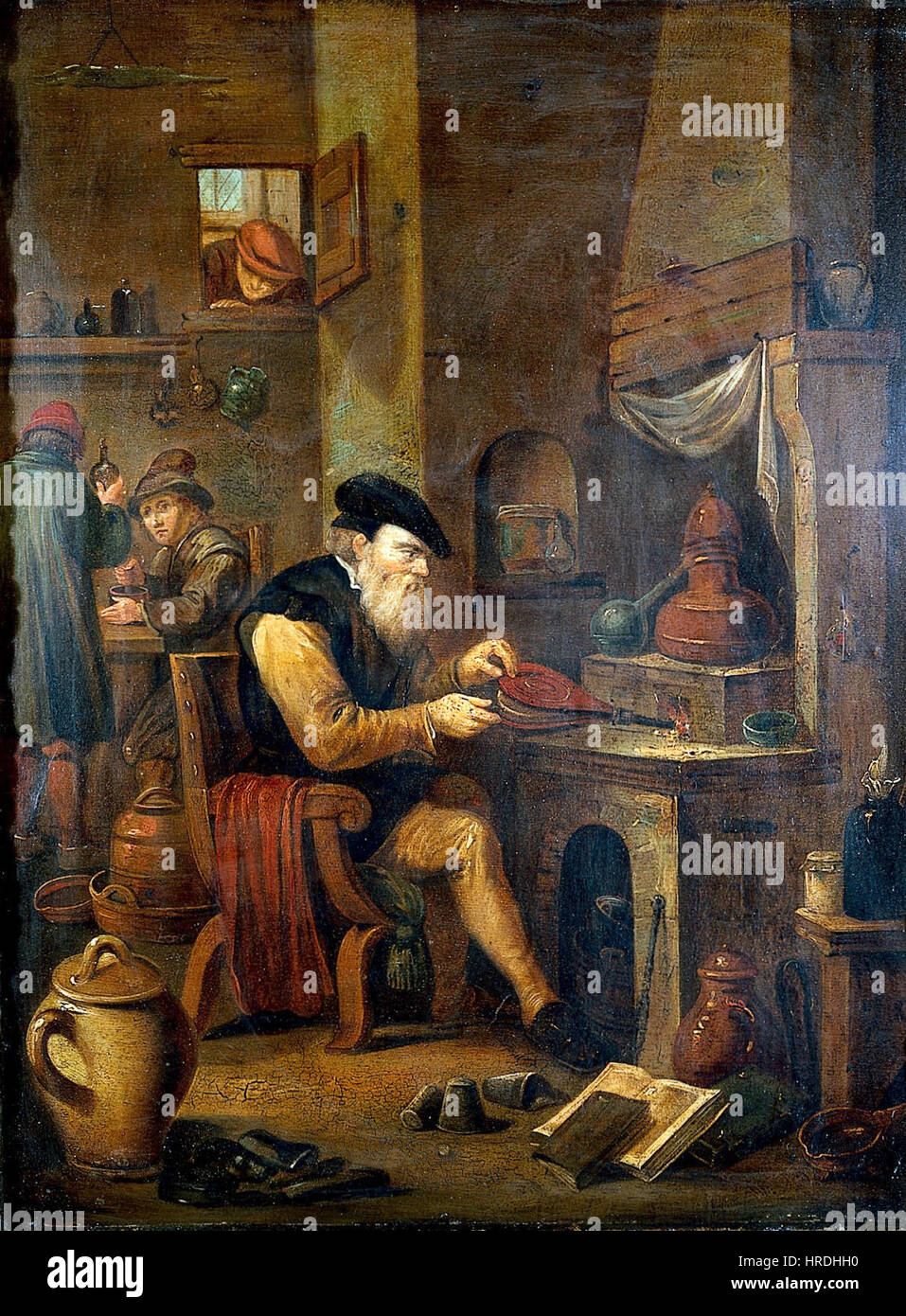 An alchemist in his laboratory. Oil painting by a follower o Wellcome ...