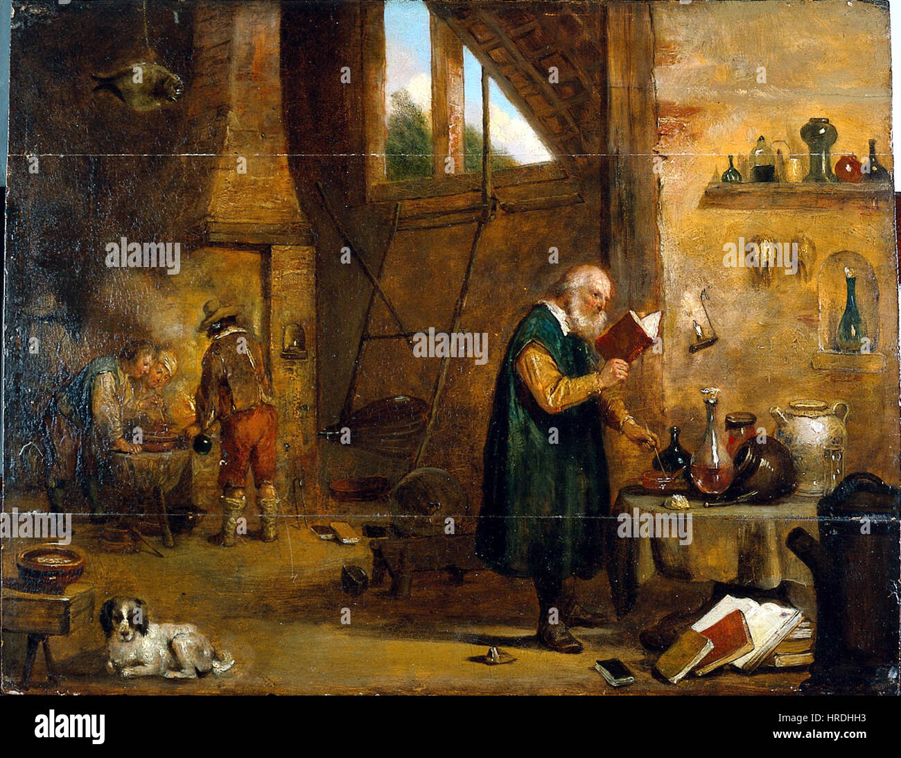 This oil painting depicts an alchemist in his laboratory, engaged in ...