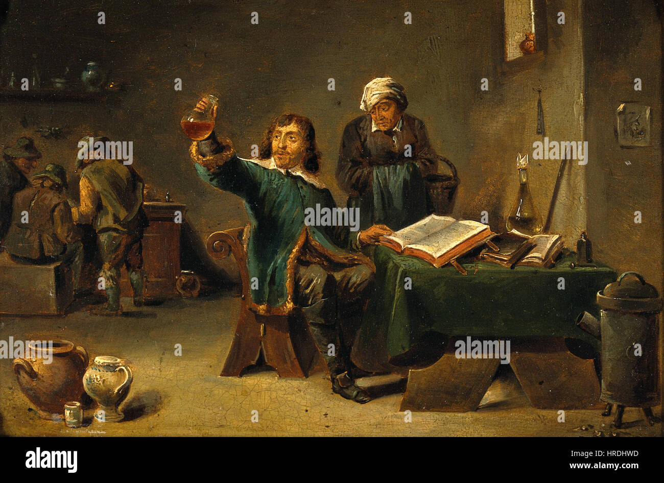 This oil painting illustrates a medical practitioner examining a urine ...