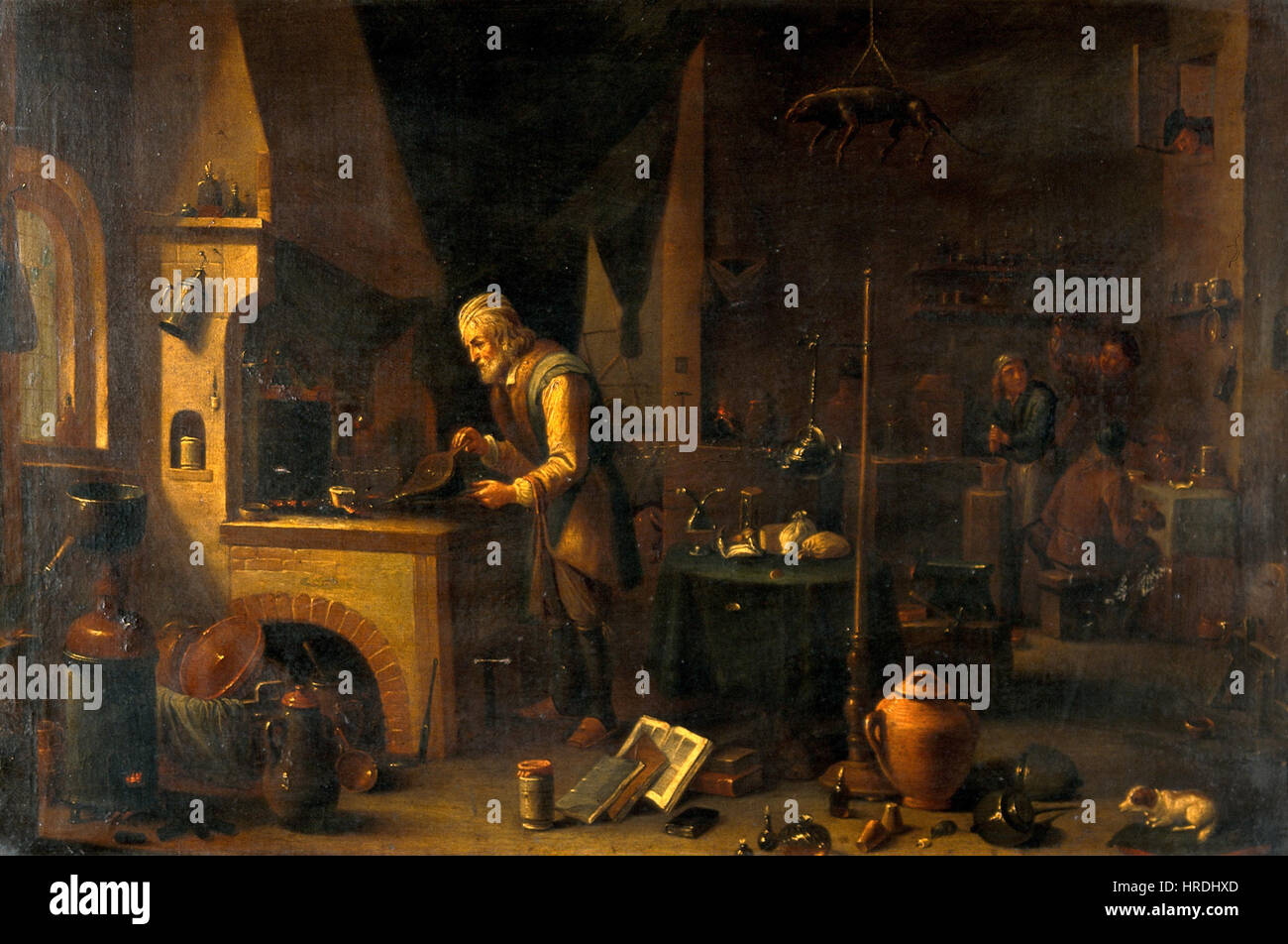 An alchemist in his laboratory. Oil painting by a follower o Wellcome ...
