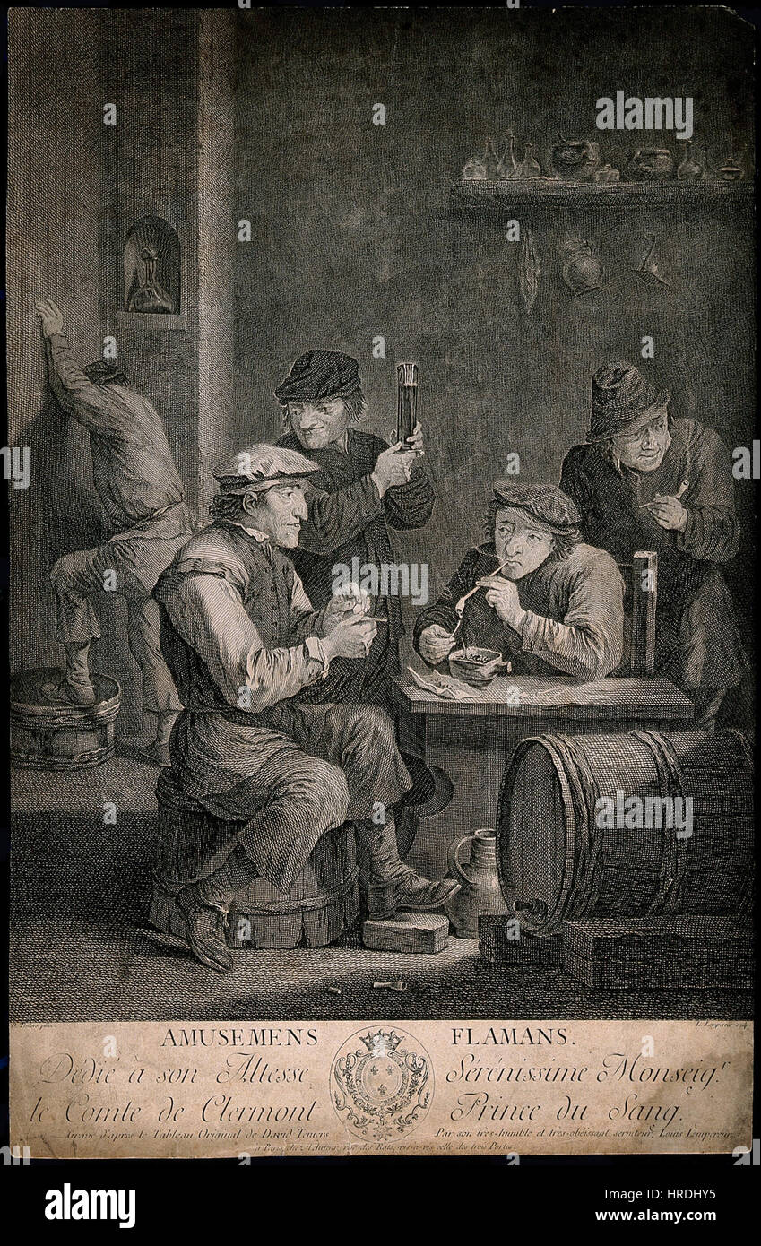 This painting shows four Flemish men in a smoky den, engaged in ...