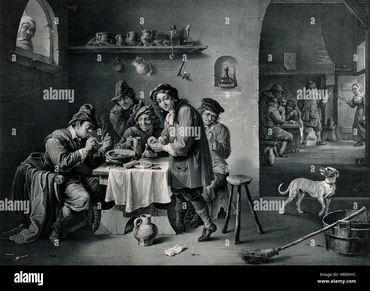 Five men in a smoke den smoke and drink as, in the backgroun Wellcome ...