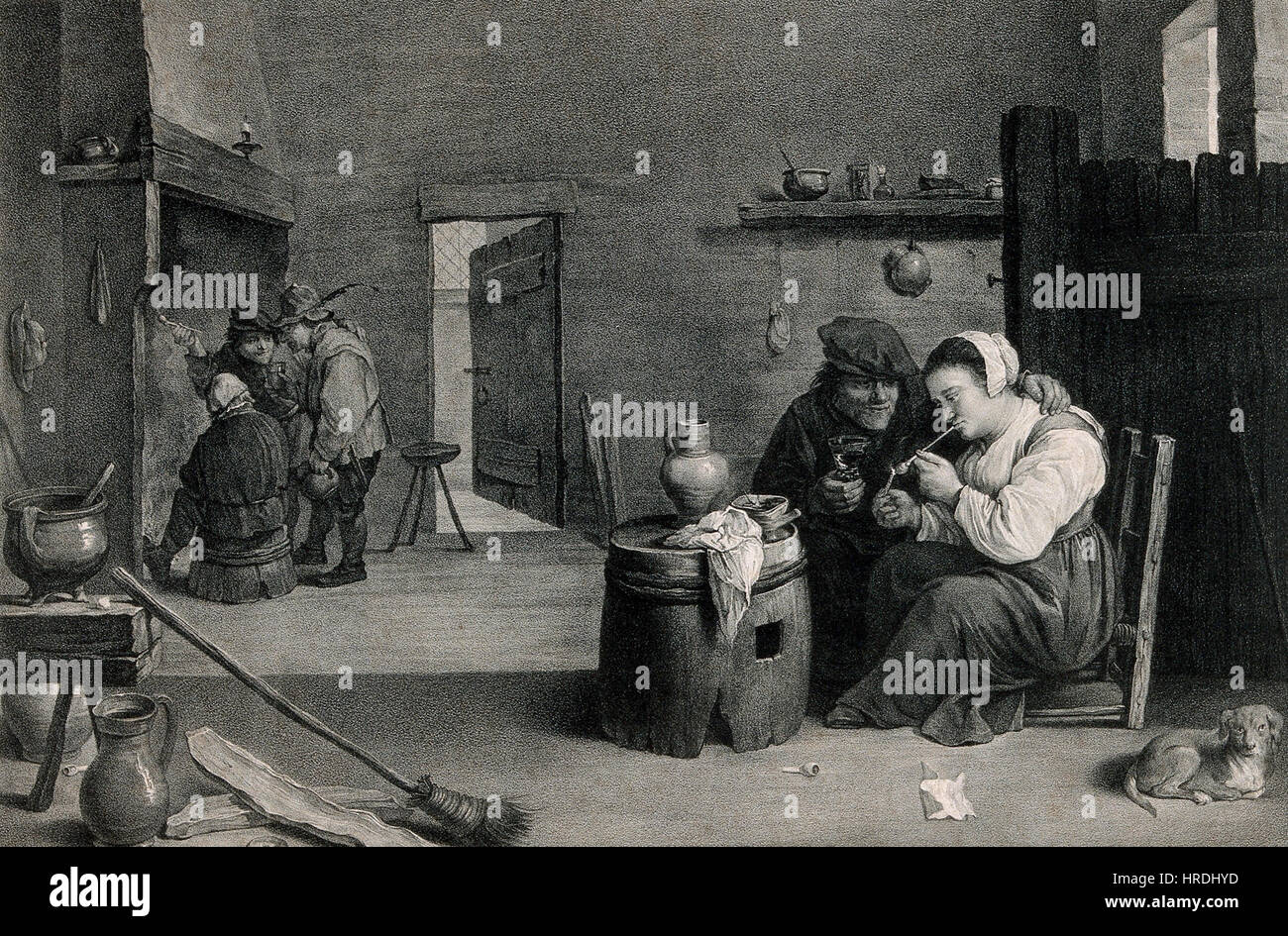 A woman sits by a barrel table in a smoke den lighting a pip Wellcome ...