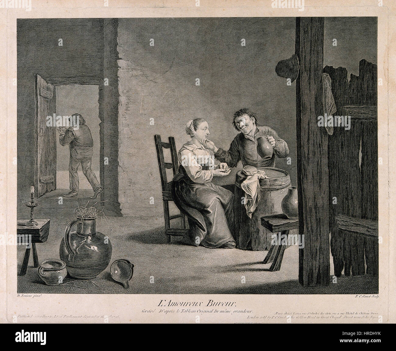 A lecherous drinker sits with a girl at a barrel table in a Wellcome ...