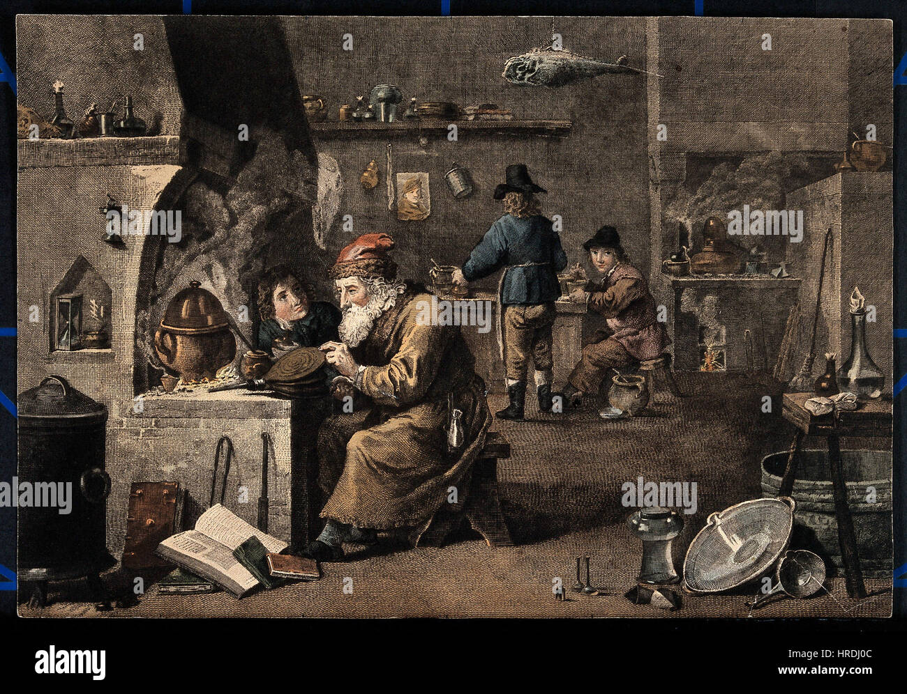 An alchemist with his assistants in his laboratory. Coloured Wellcome ...
