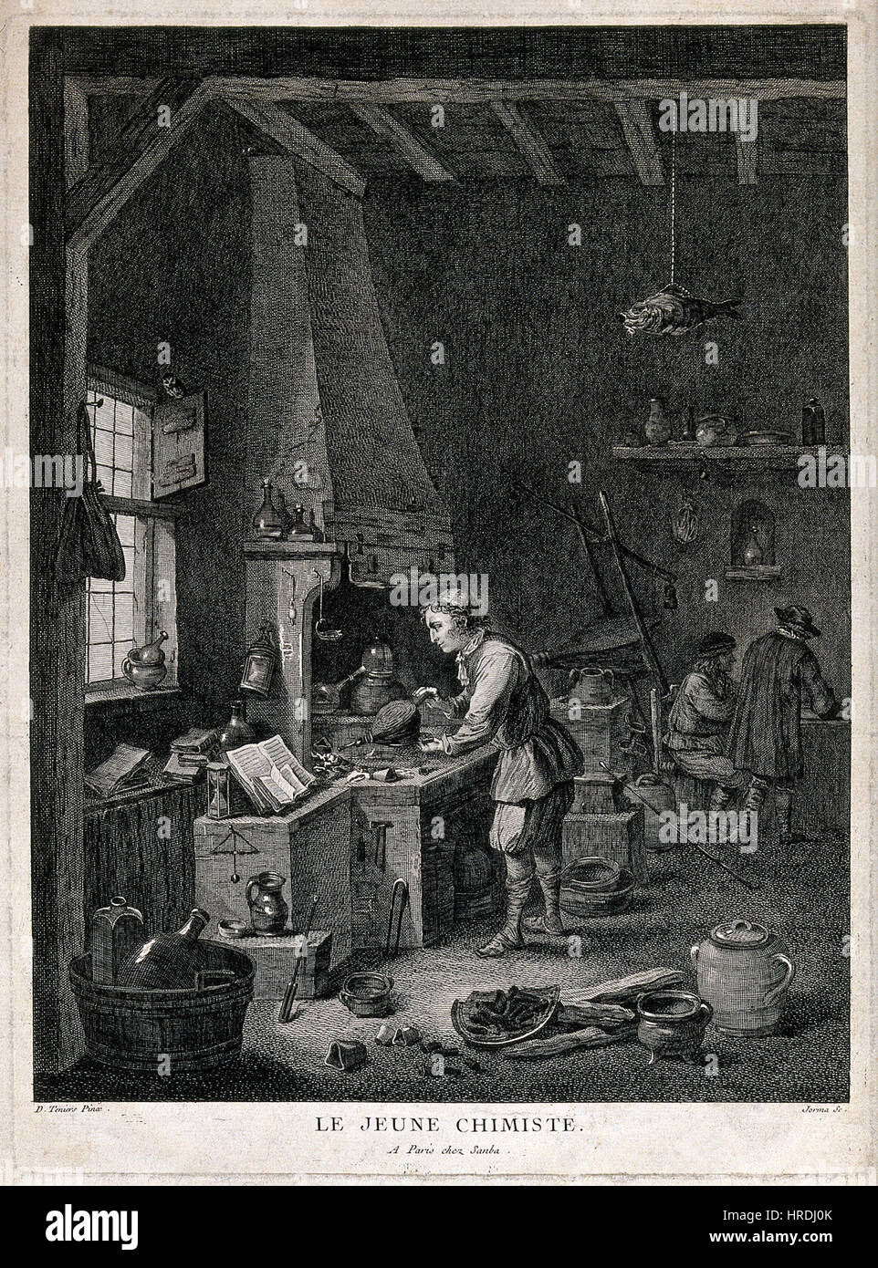 This etching depicts a young alchemist diligently working with a ...