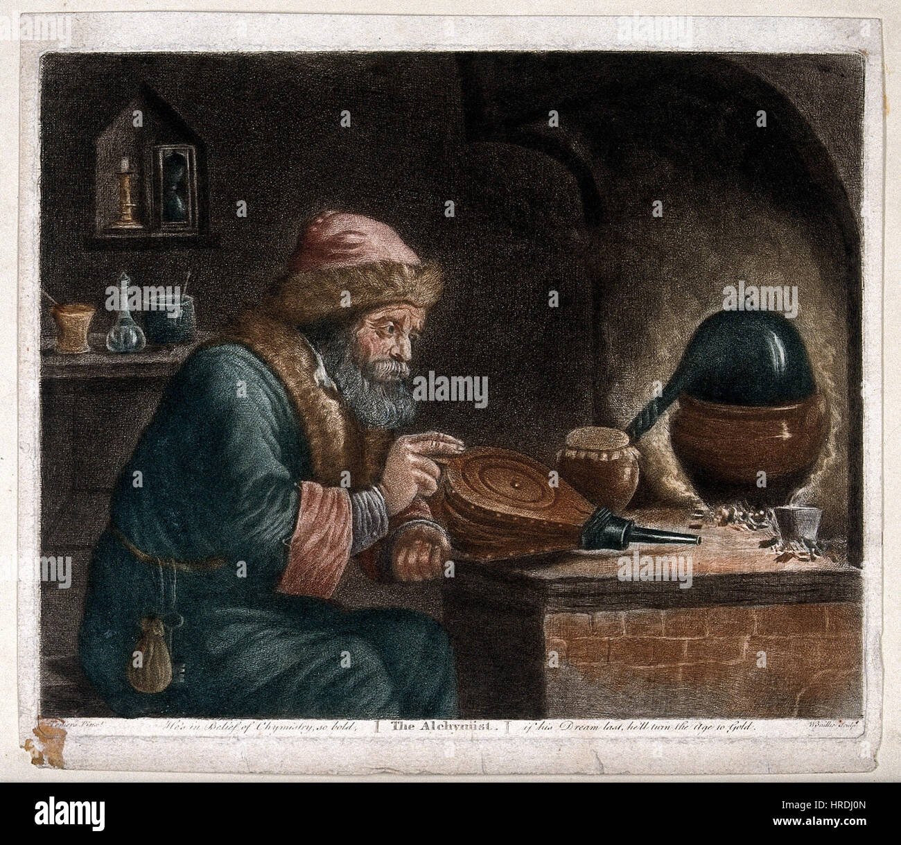 An alchemist at his furnace, hunched over bellows. Coloured Wellcome ...