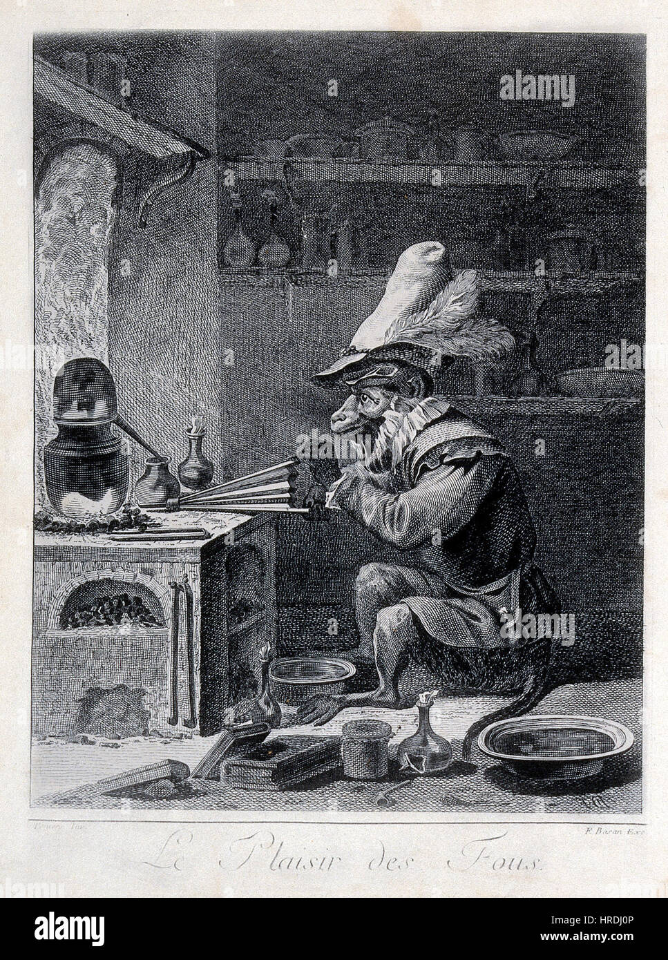 This 17th-century illustration shows a monkey acting as an alchemist in ...