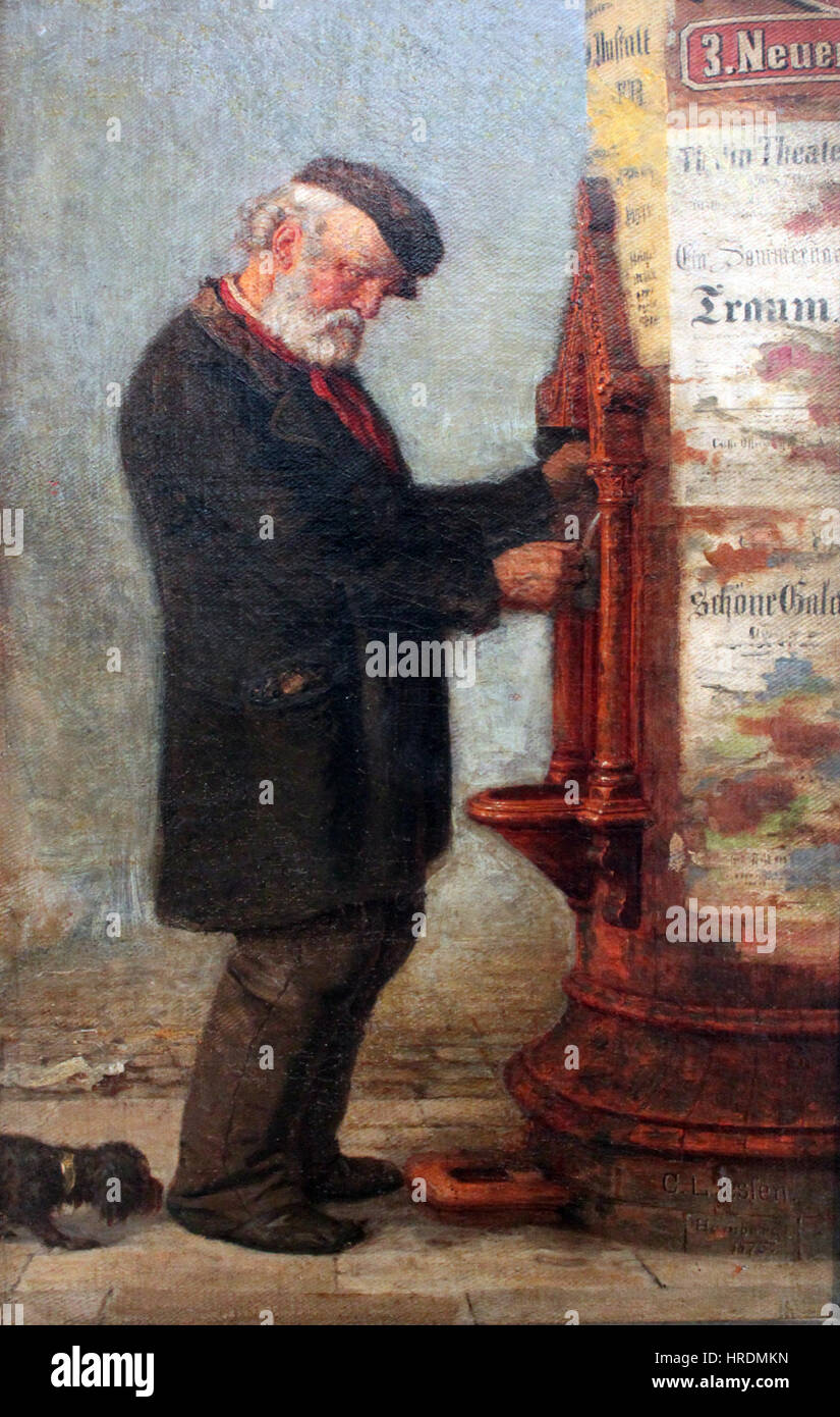 This painting from 1875 by Jessen depicts a man standing by a fountain ...