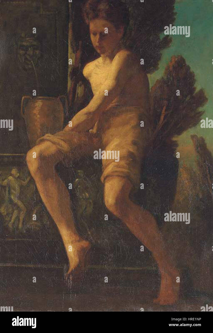 Herbert James Draper, Young boy seated by a fountain Stock Photo - Alamy