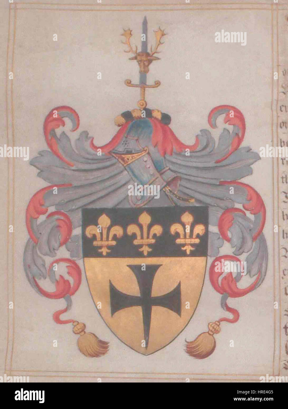 ‘Drawing of Arms’ depicts a heraldic design, likely a coat of arms. The ...