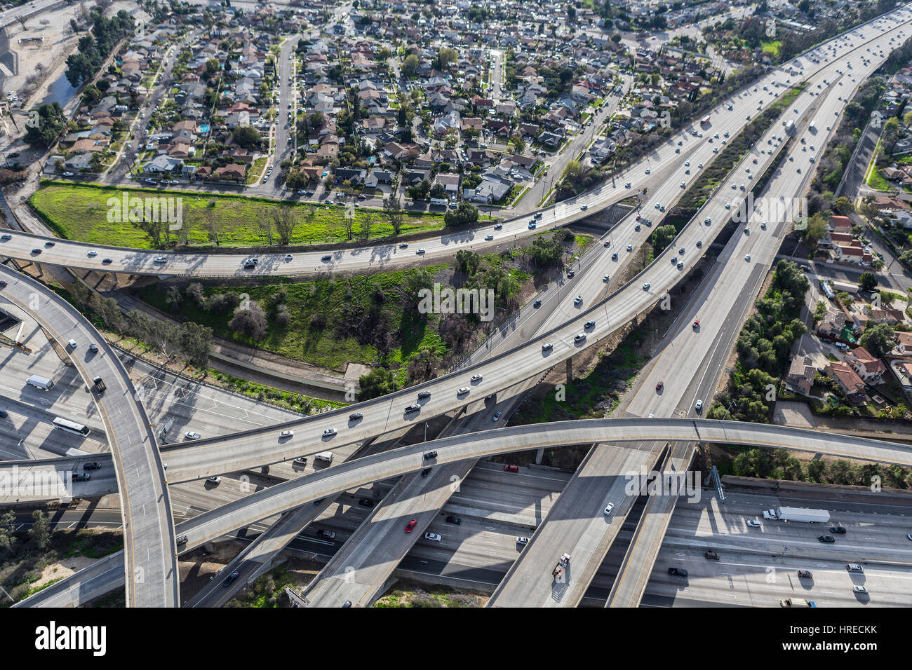 Aerial view of Route 5 and 118 freeway interchange in the San Fernando ...