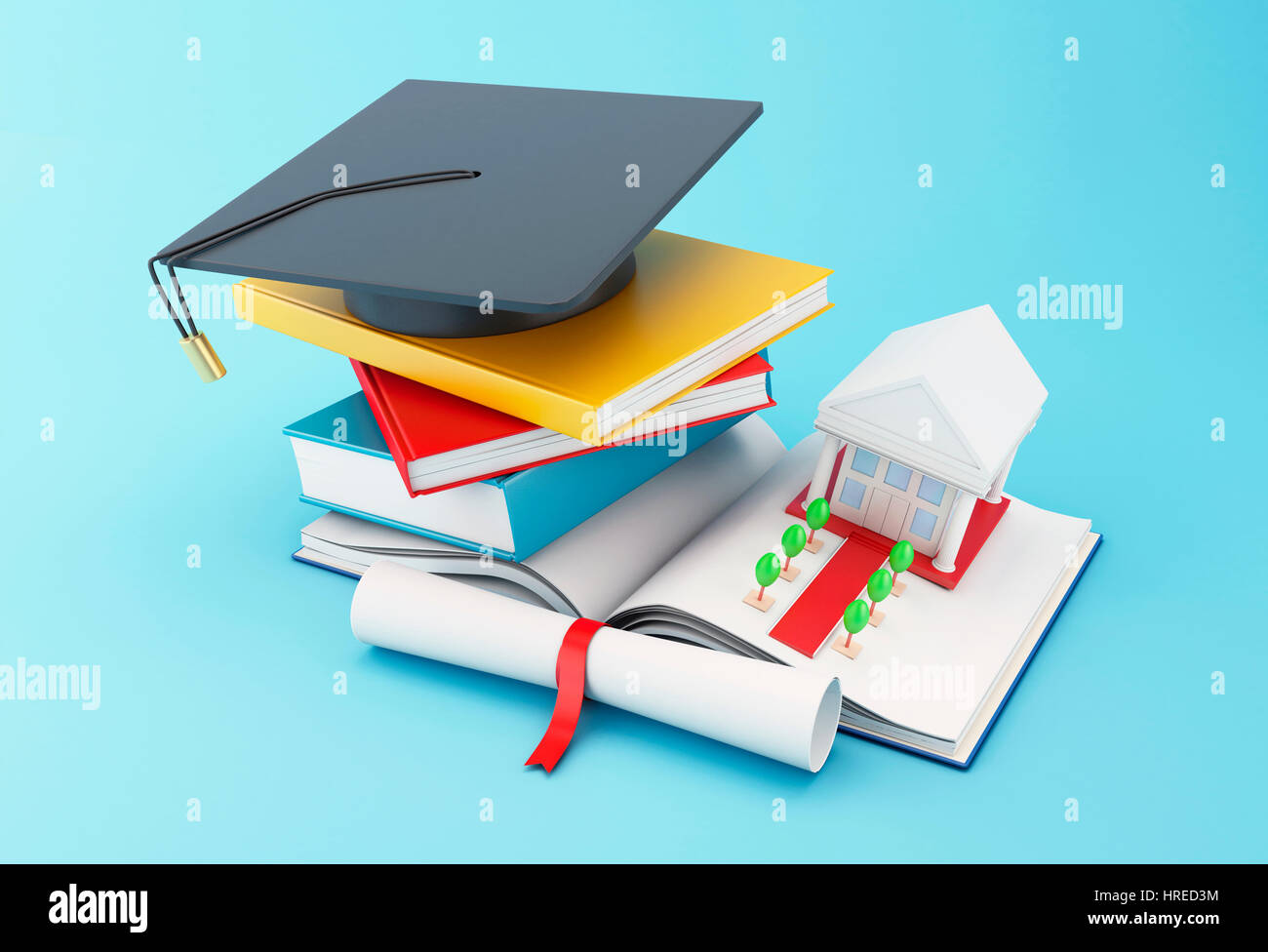 3d illustration. Stack of book with graduation cap, rolled diploma and ...