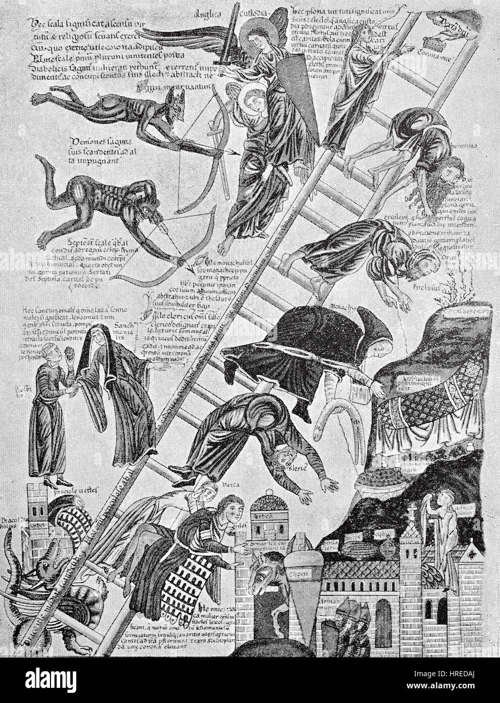 Depicting the ladder leading to heaven, above the hand of God and below ...