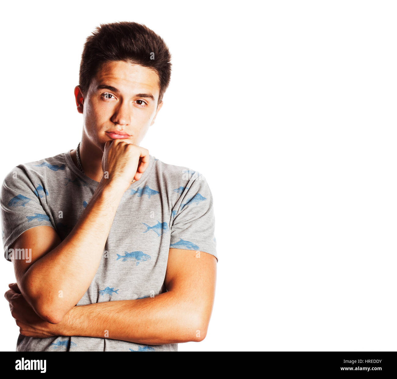 young attractive real man isolated thinking emotional on white close up ...